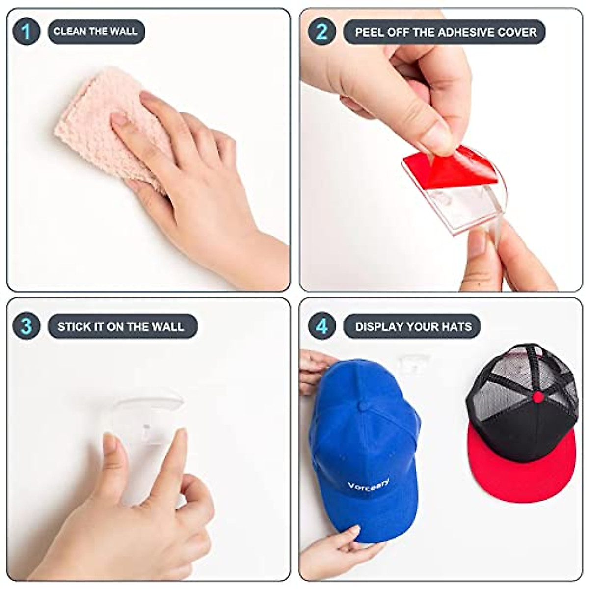 Vorceary Adhesive Hat Hooks for Wall (10-Pack) - Minimalist Hat Rack Design, Strong and no Drilling, Hat Shelf Organizer for Baseball Hats for Door, Closet, Office, Bedroom (Clear)