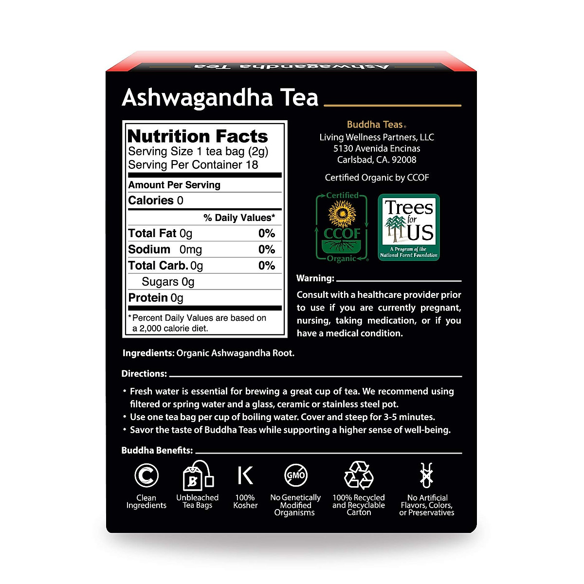 Buddha Teas - Organic Ashwagandha Root Tea - Herbal Tea - For Health & Wellbeing - With Antioxidants & Minerals - Clean Ingredients - Caffeine Free - OU Kosher & Non-GMO - 18 Tea Bags (Pack of 1)