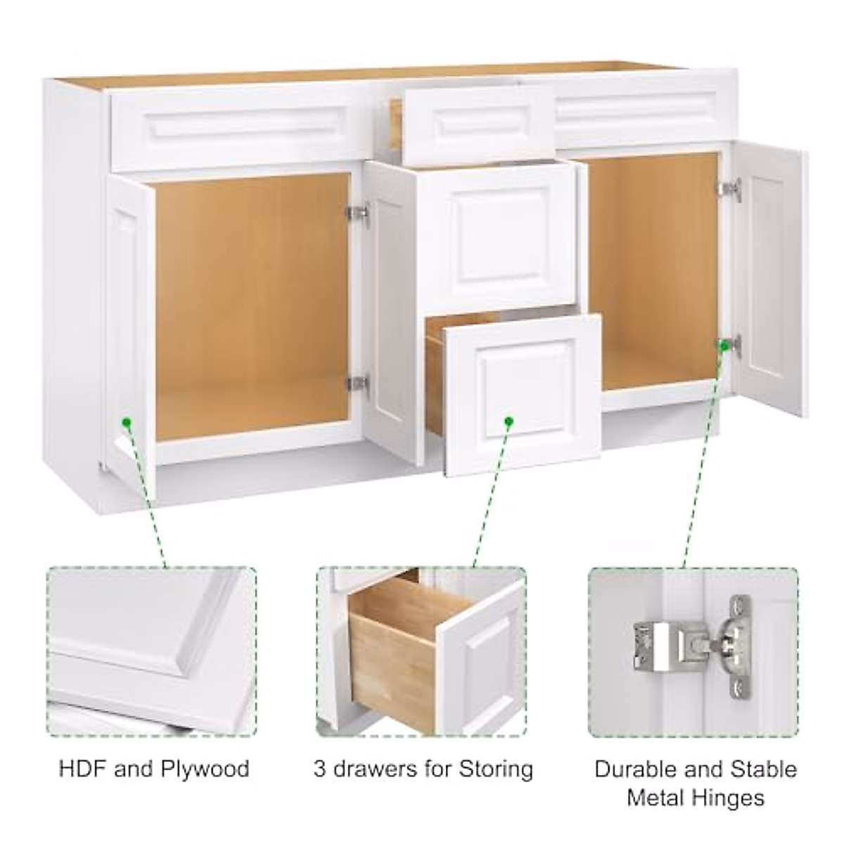 ROOMTEC 60" Assembled Double Sink Bathroom Vanity Base Cabinet with Drawers and Soft-Close Doors, Large Capacity Storage for Laundry, Kitchen, Shower & Utility Rooms