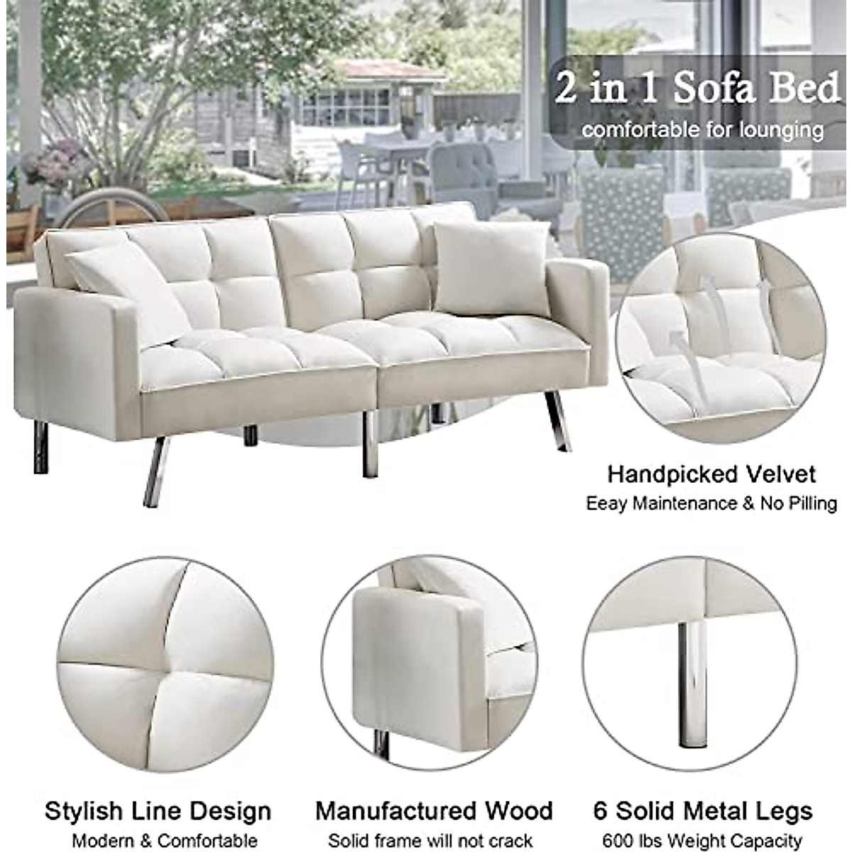 VERYKE Convertible Futon Sofa Bed with 2 Pillows, Modern Upholstered Sleeper Sofa Couch with 3 Adjustable Backrests & Metal Legs for Living Room (White)