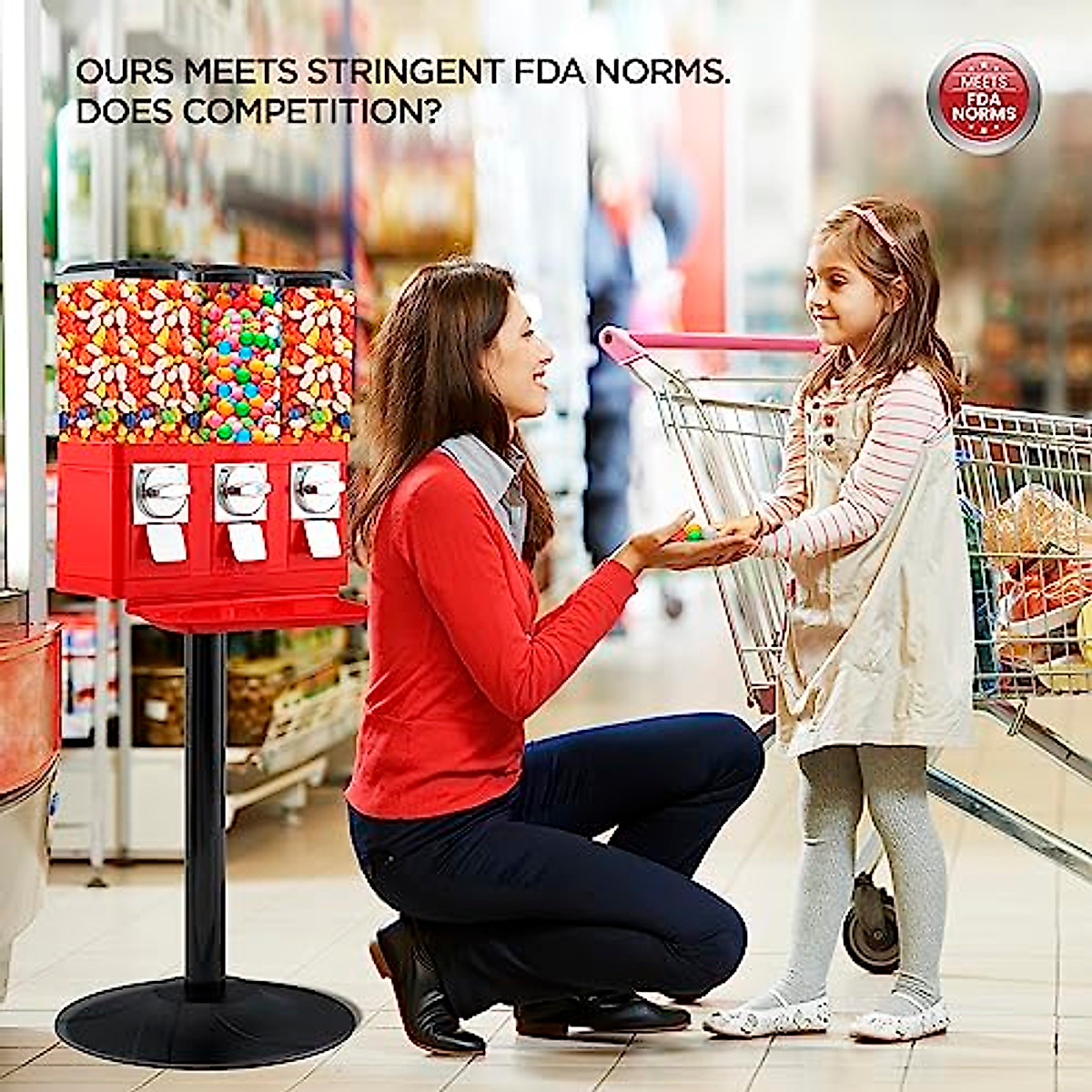 Vending Machines for Business Gumball Machine with Stand Candy Vending Machines Triple Pod Standing Dispenser for Commercial Use to Dispense Gumballs Candies Using Quarter with Removable Canisters