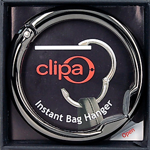Clipa Bag Hanger - Polished Hematite PVD - The Ring That Opens Into a Hook and Hangs in Just 1/2" of Space, Holds 33 lbs., 3 yr. Warranty