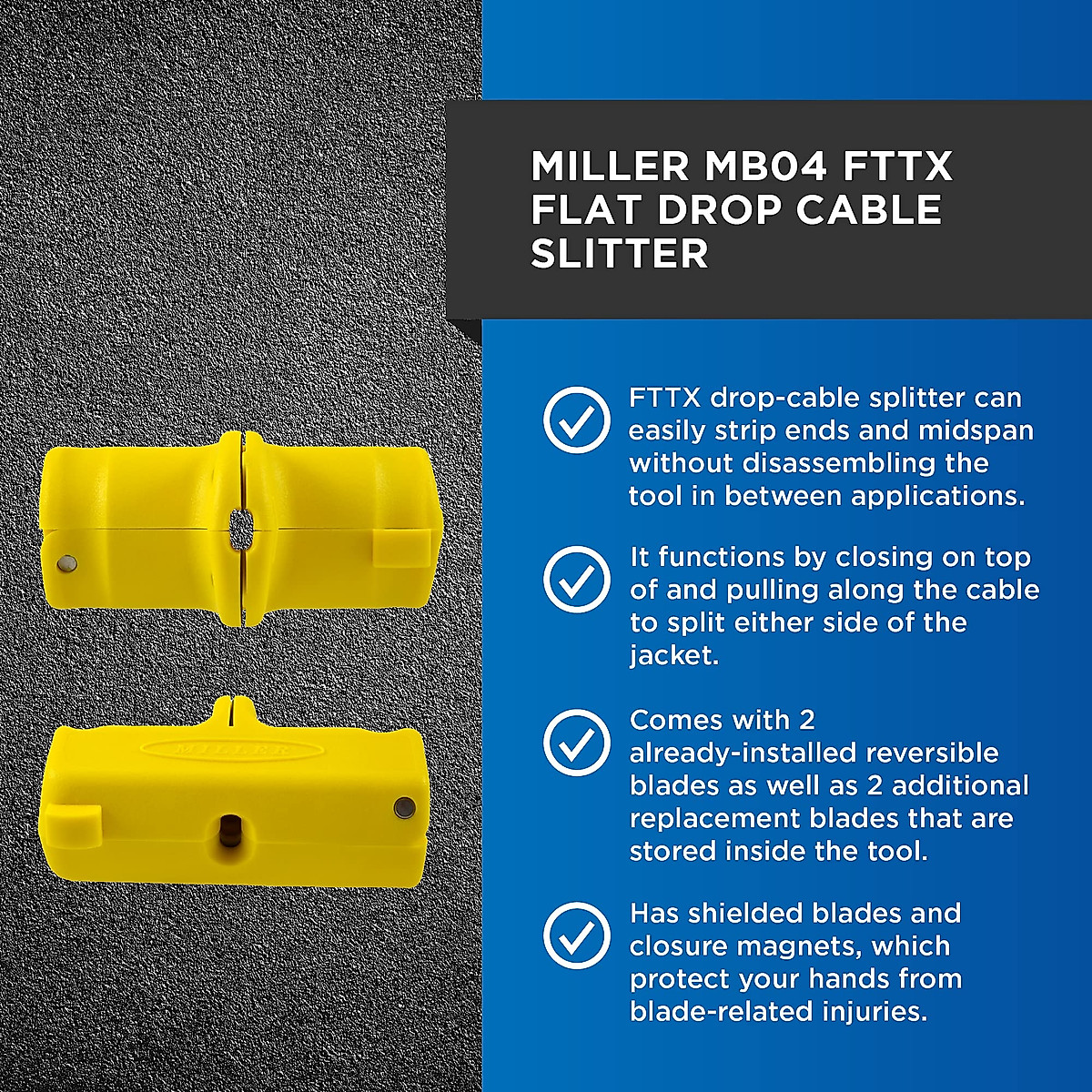 Miller MB04 FTTX Flat Drop-Cable Slitter with Articulating Hinge, Easily Portable Tool for Professional Technicians, Electricians, and Installers, 3.88 Ounces