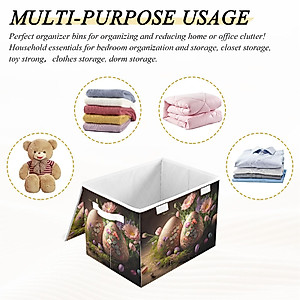 NFMILI Storage Bins (Decorated Eggs Birds) with Lid And Handles, Foldable Storage Basket Large Capacity Household Cube for Organizing Clothes Books Pantry 16.5×12.6×11.8 INCH