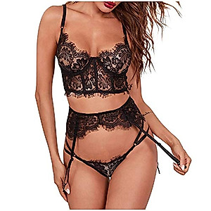 wodceeke Sexy Sling Lace Lingerie Three-piece For Women Perspective Embroidered Bodysuit Seductive Underwear With Garter (Black, XXL)
