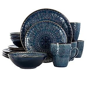 Elama Deepsea Mozaic 16 Piece Round Stoneware Dinnerware Set in Sea Blue