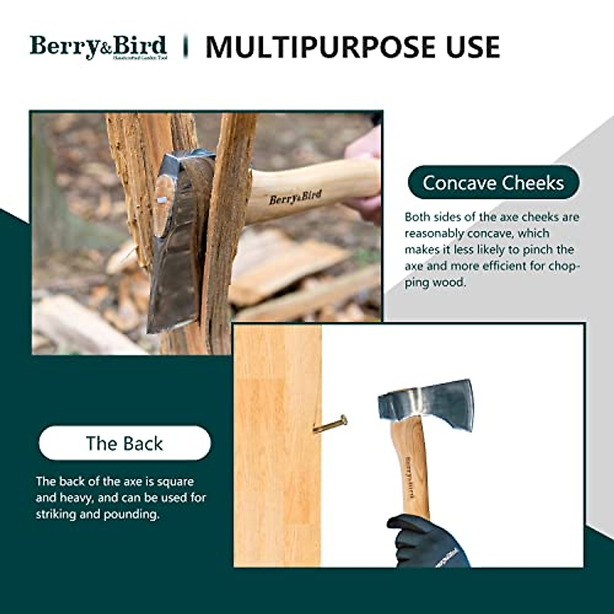 Berry&Bird Camping Axe, 12.5’’ Small Axe Hatchet with Wooden Short Handle & Leather Sheath Mini Hand Axes for Cutting & Splitting Forged Carbon Steel Blade Outdoor Manual Tool