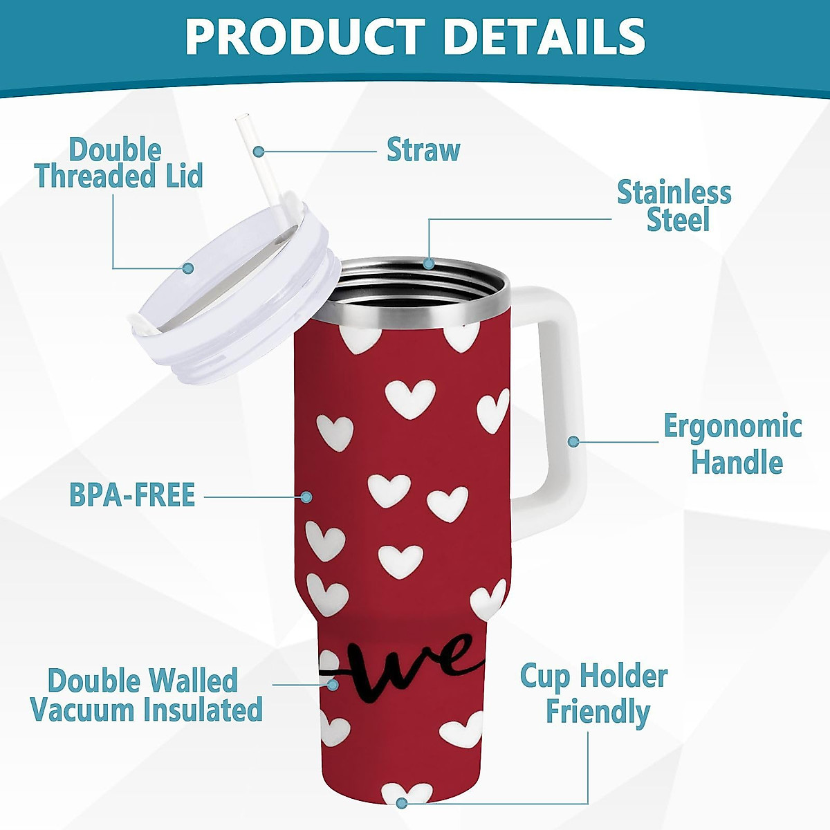 FLildon 30oz Tumbler with Handle and Straw Lid, Red Love Valentine's Day Insulated Coffee Mug Stainless Steel Water Bottle Leakproof Vacuum Travel Coffee Cup