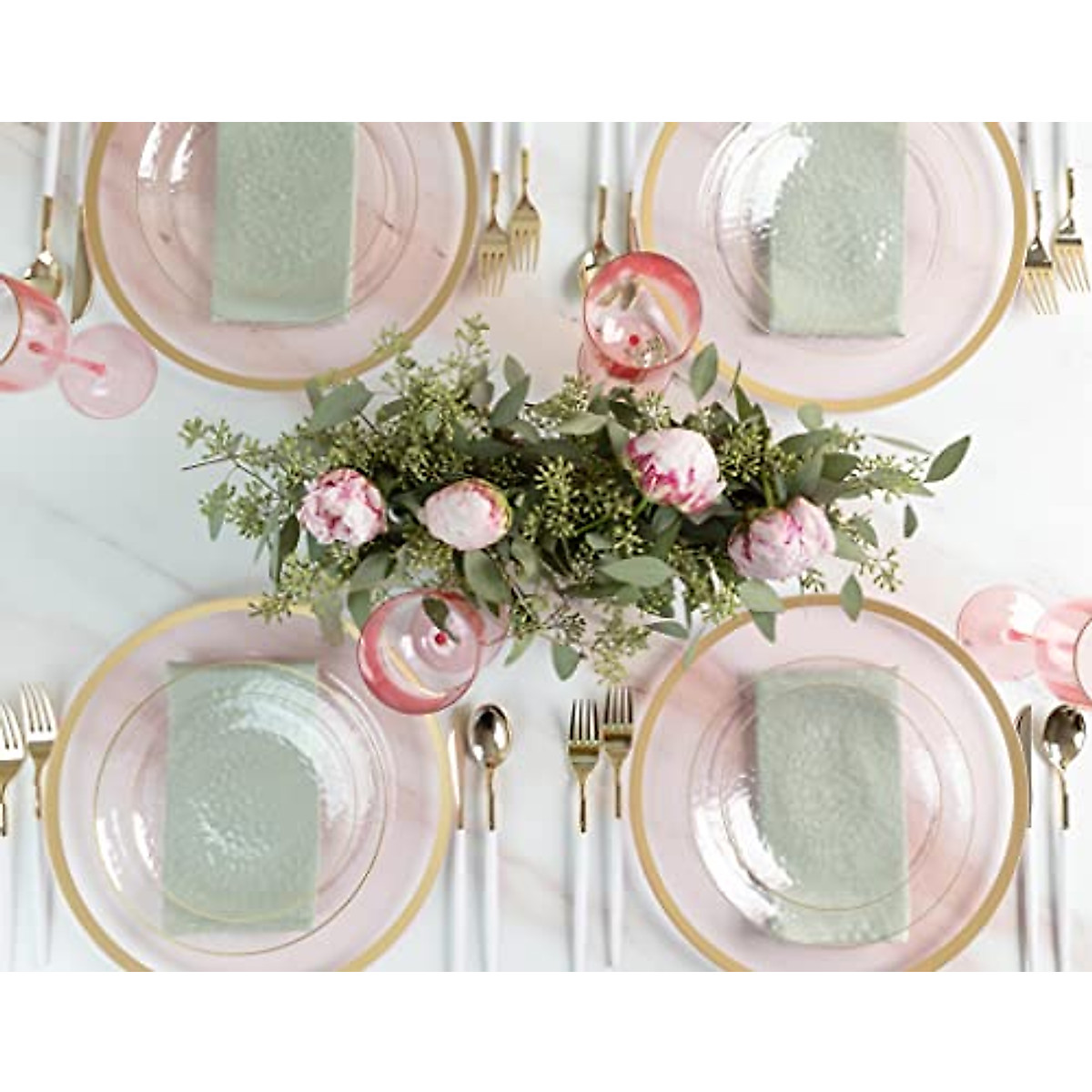 PLASTICPRO Plastic Pro 8 Pack Charger Plates 13 Inch Clear Pink with Gold Rim Plastic Dinner Chargers Heavy Duty Large Serving Platter Reusable Disposable