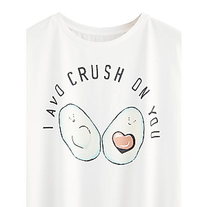 DIDK Women's Cute Cartoon Print Tee and Shorts Pajama Set Avocado White Large