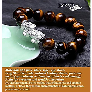 LOTONTJ Pixiu Bracelet Natural Tiger Eye Stone Tibetan Pure Silver Pi Yao Feng Shui Wealth Bracelet Healing Chakra Gemstone Evil Eyes Jewelry Crystal Amulet Attract Money Good Luck Windfall,12mm
