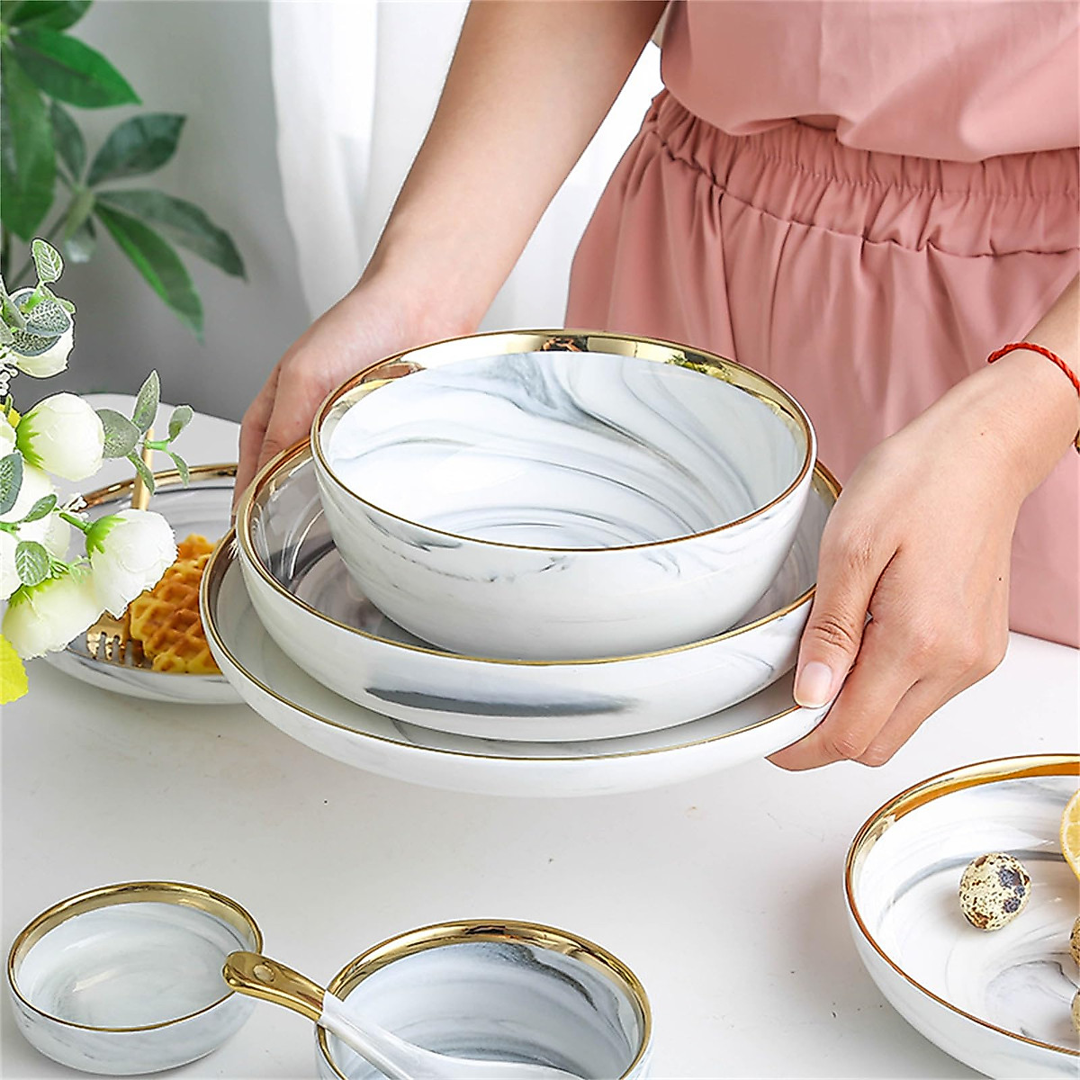 BINTING Steak Dinner Plate Gold Rim Ceramics Dinnerware Set Gold Rim Dinnerware Set European Style Dishes 9-Pieces Sets Gold Edge Marble Pattern Sturdy Tableware