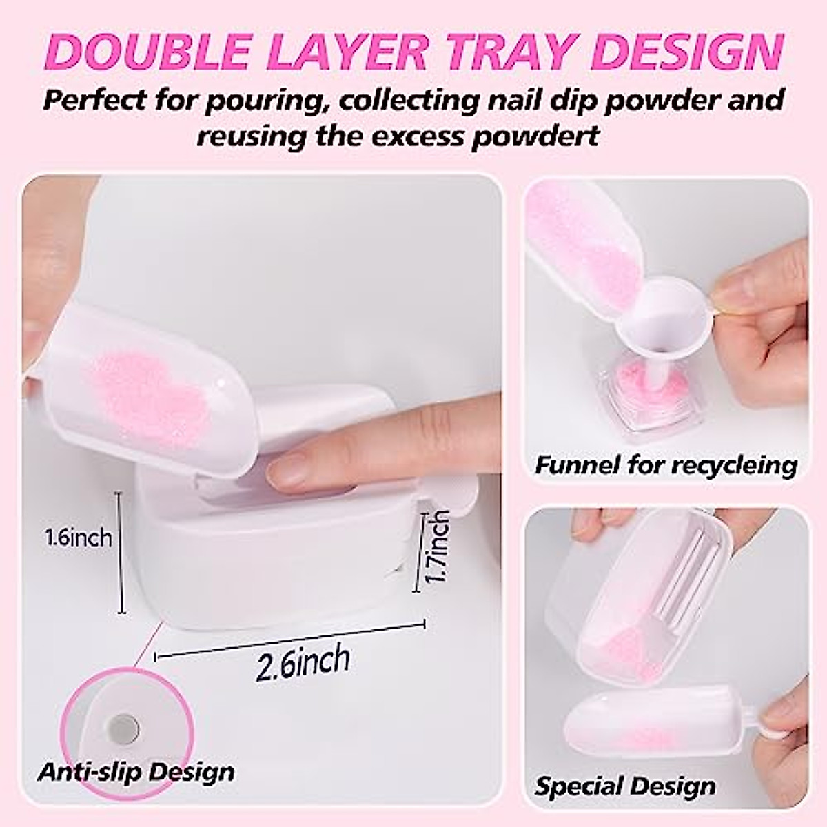 Dip Powder Recycling Tray System, Portable Dip Powder Nail Kit Starter Set with Scoop, Nail Dust Brush, Metal Dual Head Cuticle Pusher and Nail File, Dipping Nail Art Manicure Accessories Makeup Tool