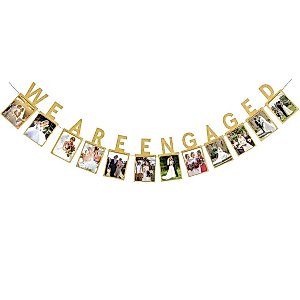 We Are Engaged Photo Banner, Wedding Engagement Party Sign Supplies, Gold Color Paper Bunting For Bridal Shower Party Decorations