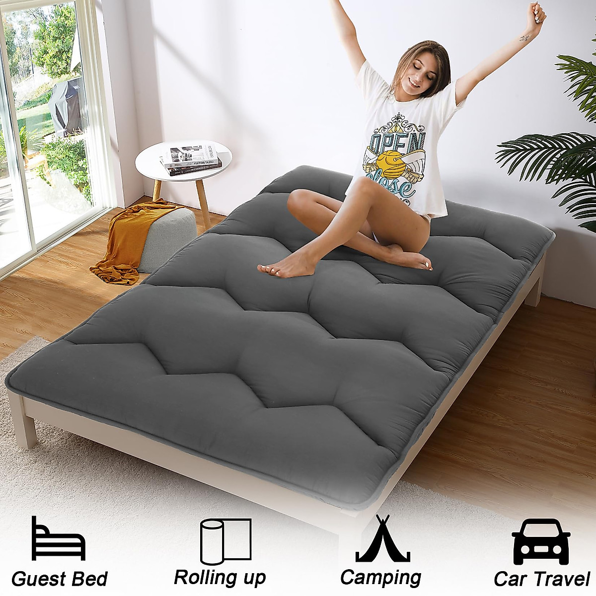 LULUWAY Japanese Futon Mattress, Twin Size Foldable Japanese Style Floor Mattress Roll Up, Tatami Mat, Camping Mattress Pad, Dark Grey