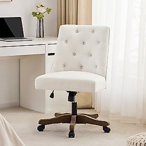 HUIMO Home Office Chair Upholstered Swivel Desk Chair with Wheels Chenille Fabric Adjustable Height Computer Chair with Wooden Legs Comfortable Armless Chair for Studio Study Home Office (Beige)