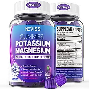Potassium Magnesium Gummies, Sugar-Free Potassium Citrate 99mg Supplements with Magnesium Glycinate, Ashwagandha, B6 & B12 for Leg & Muscle Relaxation, Mood, Energy, Heart Health, Grape Flavor 120 Cts