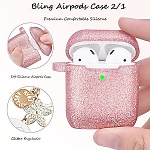 Bling AirPods 2nd Generation Case, VISOOM Cute Airpod Case 1st Generation with Keychain for Apple Airpod Case Cute Glitter Air Pod Case iPod Case Cover Women/Girls Silicone AirPods 2 Case(Rose Gold)