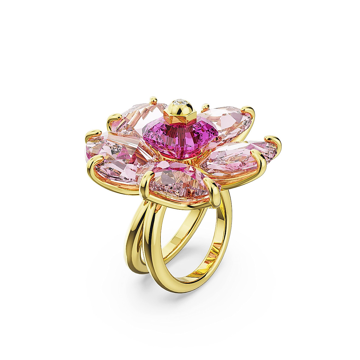 SWAROVSKI Florere Cocktail Ring, Flower Motif with Pink Crystals on a Gold-Tone Finished Double Band, Size 7, Part of the Florere Collection