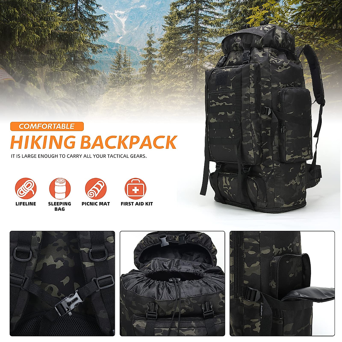 HongXingHai 70L/100L Hiking Camping Backpack MOLLE Rucksack Waterproof Daypack for Traveling (Black CP)