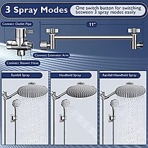 Rain Shower Head, 12" High Pressure Round Rainfall Shower Head Combo with 11" Adjustable Extension Arm, 5-Settings Handheld Shower Heads with 60" Stainless Steel Hose Anti-Leak (Chrome)