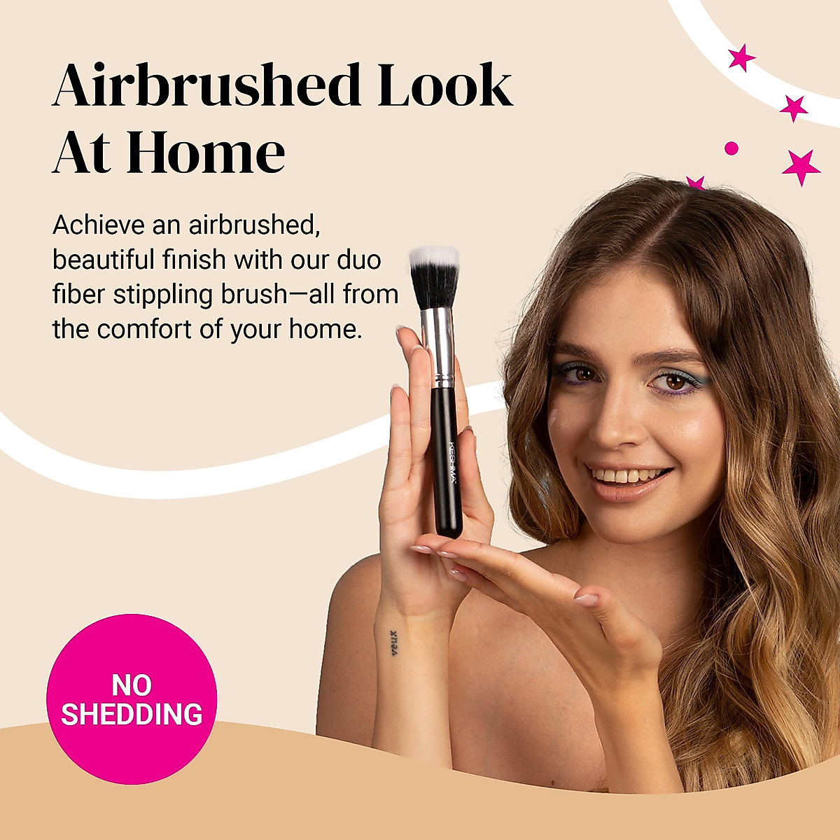 Keshima Duo-Fiber Stippling Brush - Premium Stipple Brush for Powder and Liquid Makeup Foundation