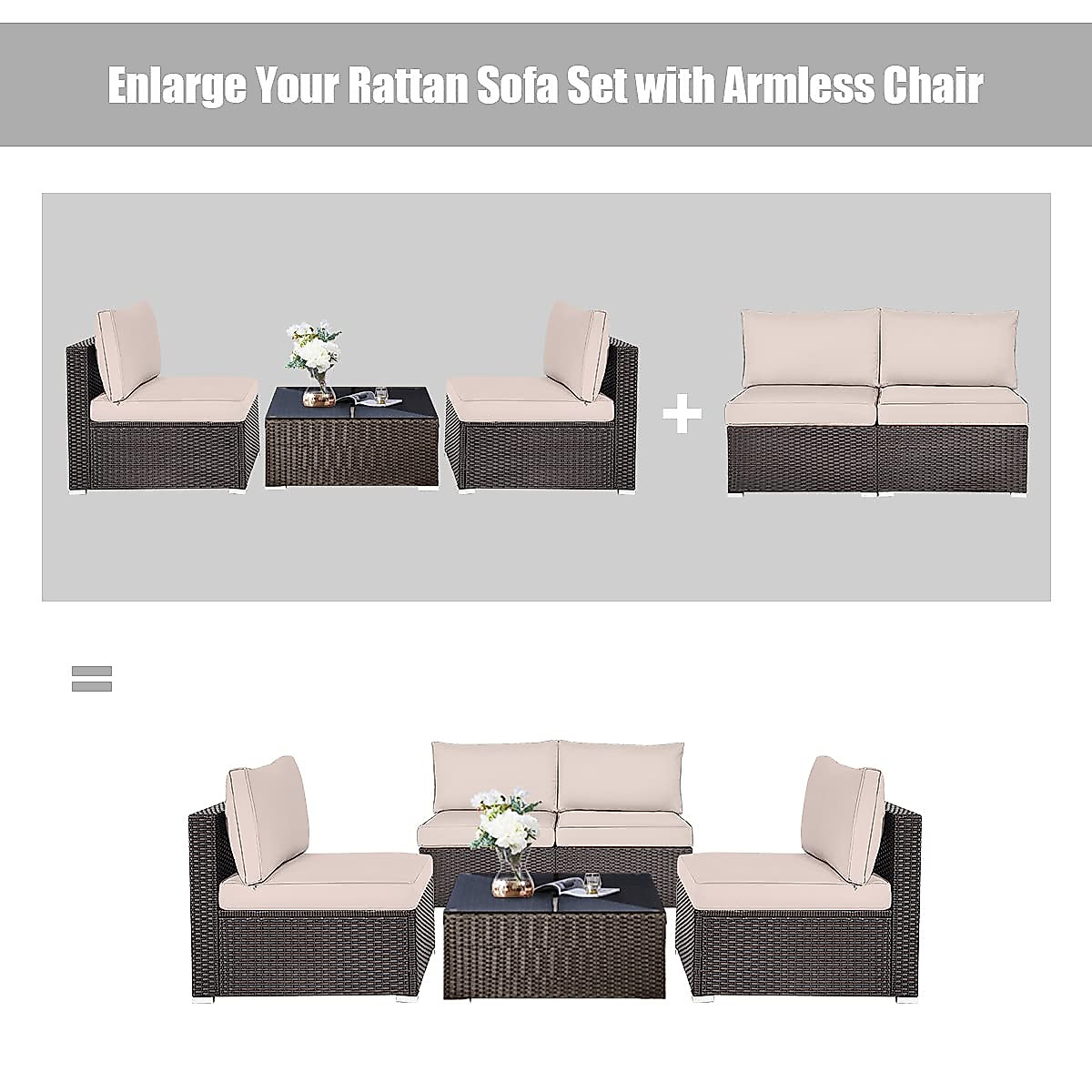 RELAX4LIFE 2-Piece Wicker Armless Sofa - PE Rattan Sectional Sofa Set w/Removable Cushions, All-Weather Sofa Chair Set for Porch, Balcony, Garden, Poolside, Outdoor Patio Sofa (Brown)