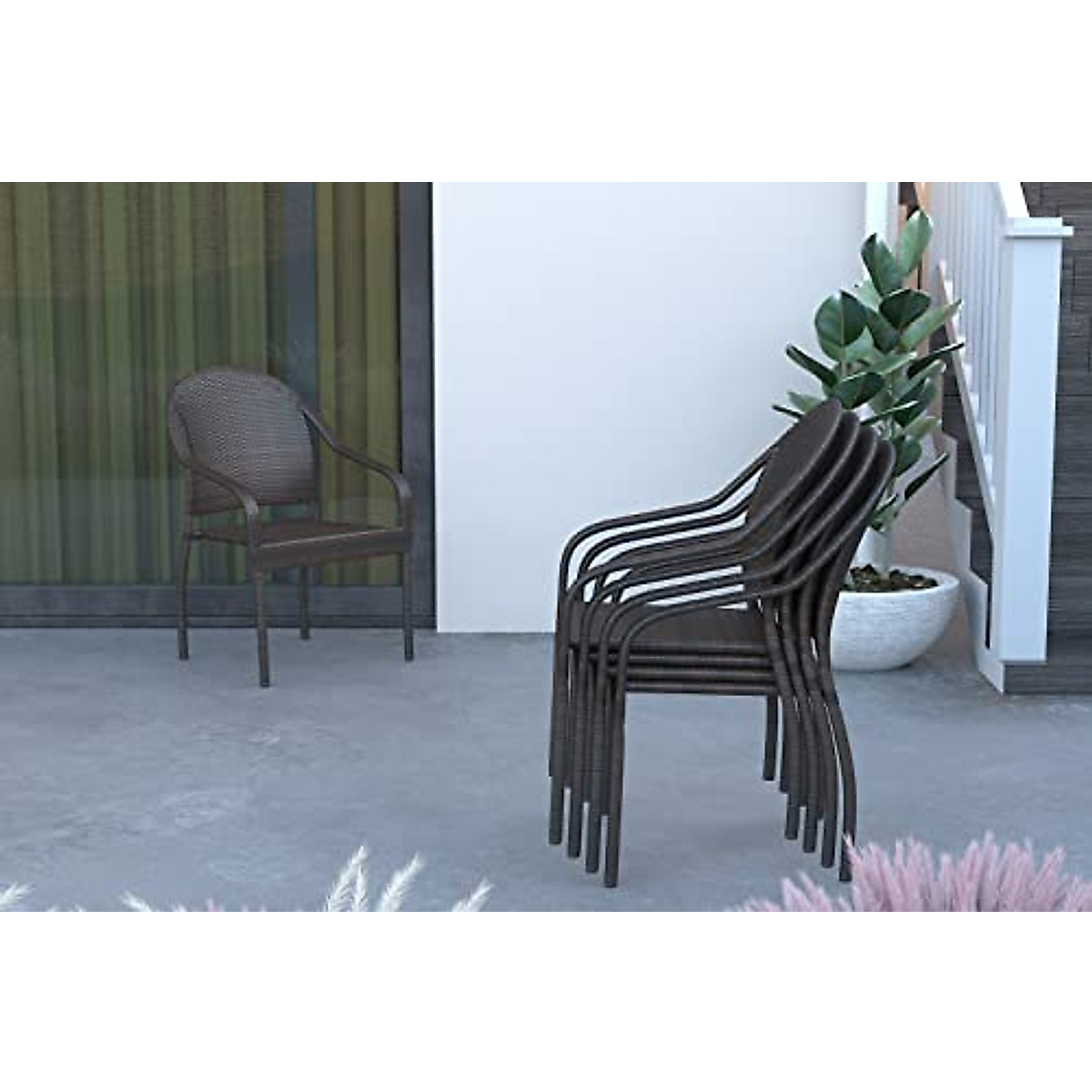 Patio Sense 63490 Rhodos Cafe Stacking Chairs in Mocha All Weather Wicker Construction No Assembly Lightweight for Indoor & Outdoor - Set of 4