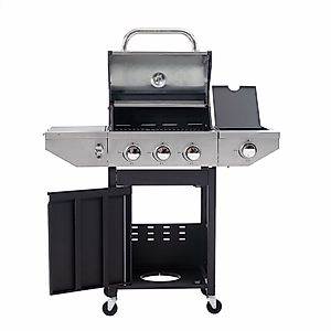 Propane Grill with Side Burner and Temperature Gauge - Stainless Steel Gas Grill with 3 Heads and 430 Thickness - Outdoor Cooking Grill with Electronic Ignition System and Cast Iron Cooking Grids