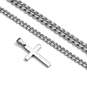 Zocomi Layered Cross Necklace for Men Boys Stainless Steel Cross Pendant Cuban Link Chain Religious Christian Christmas Gift Valentine's Day Him(Silver)