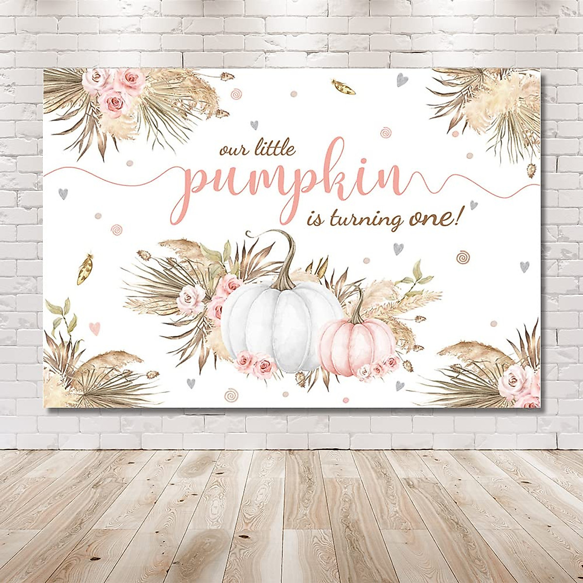 MEHOFOND 7x5ft Fall Pumpkin 1st Birthday Backdrop Boho Pink Floral Our Little Pumpkin is Turning One Banner Fall Autumn First Birthday Photography Background Cake Table Smash Photo Props