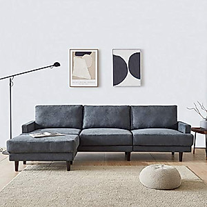 JULYFOX Dark Gray Fabric Sofa with Convertible Ottoman, L-Shaped 3-seat Corner Couch with Reversible Chaise Lounger Polyester Fabric for Living Room Office Club Small Spaces