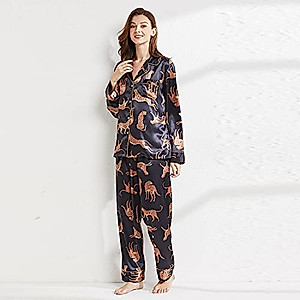 Belle Heure Women’s Silk Satin Classic Long Sleeve Pajamas Button Down Silky Floral Animals Pattern Set Loungewear Sleepwear Leopard Black