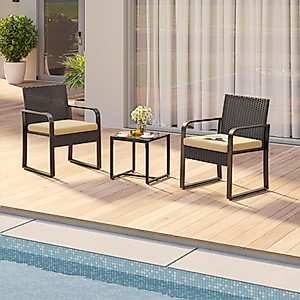 Gizoon 3 Pieces Patio Bistro Sets, Outdoor Rattan Conversation with Glass Table, Wicker Furniture Set with Cushion, for Backyard, Porch, Poolside, Lawn, Beige