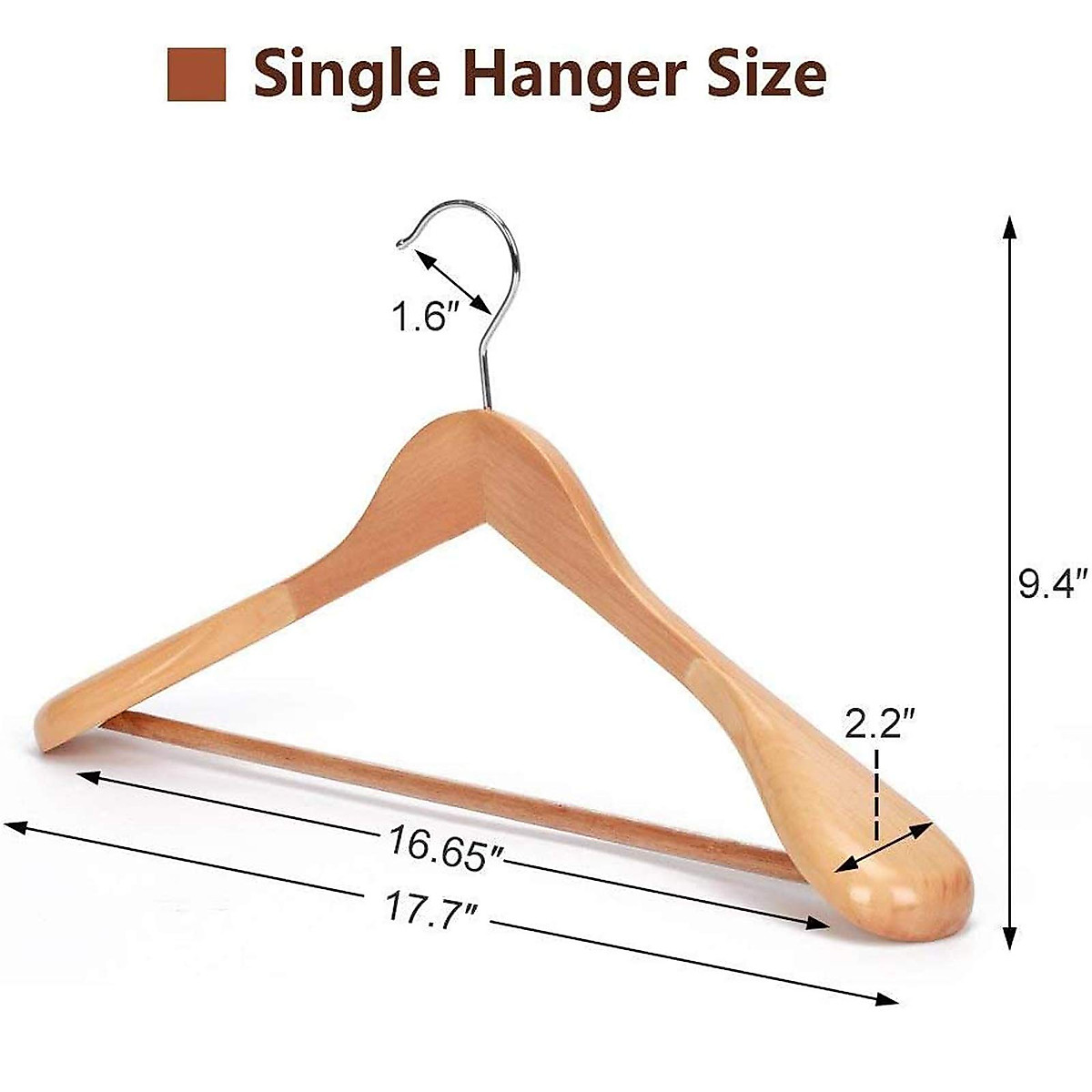 JS HANGER Wooden Suit Hangers, 6 Pack Extra-Wide Shoulder wood Coat Hangers with Non Slip Pant Bar, Extra Smooth and Splinter Free Natural Finish