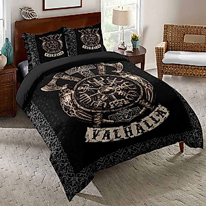 YCYR 3D Print Thor's Hammer Bedding Set, Norse Viking Mjolnir Shield Axes and Valhalla Rune Quilt Covers & Pillowcase Queen Comforter,Black,228 X 228 cm