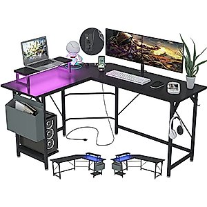 SZXKT Gaming Desk with Monitor Stand and Power Outlets,l Shaped Desk with Storage and LED Lights,Home Office Reversible Corner Computer Desk with Hooks (Black)