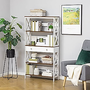 HOMCOM 4-Tier Shelving Bookcase Storage Cupboard with Pull Out Drawer, and Wooden Frame with X Bar Stability, White