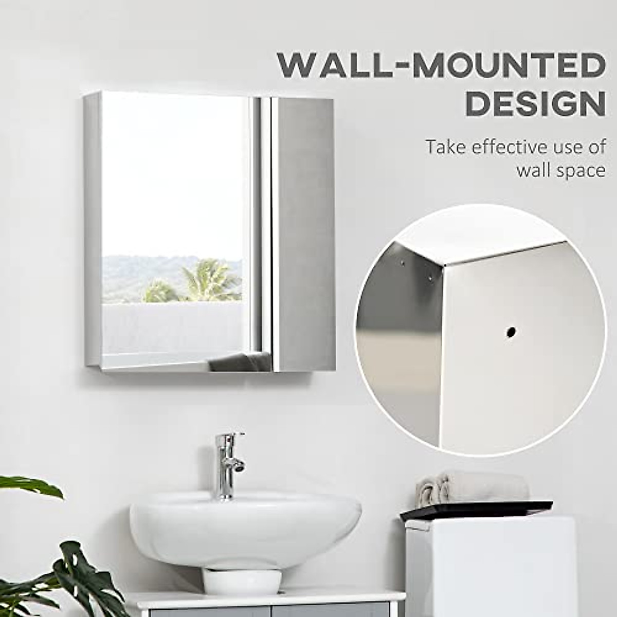 kleankin Wall-Mounted Medicine Cabinet with Mirror, Bathroom Mirror Cabinet Wall Mounted with Hinged Door, Storage Shelves for Living Room and Laundry Room, Silver