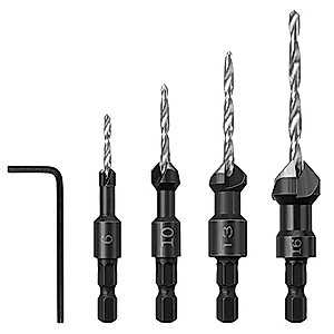 Countersink Drill Bits Set - 1/4 Inch Hex Shank Tapered Drill Bits, Quick Change Wood Woodworking Counter Sinker Drill Bit with Hex Wrench Screw Pilot Hole Drilling Tools for Wood Plastic,4Pcs