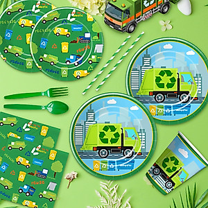 Xigejob Garbage Truck Birthday Party Supplies - Trash Party Decorations Tableware For Birthday Baby Shower, Plate, Cup, Napkin, Tablecloth, Cutlery, Straw, Waste Recycling Party Decorations | Serve 24