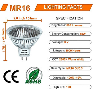 Vinaco MR16 Halogen Bulb 50W 12V, 6 Pack MR16 Bulb Dimmable, Long Lasting MR16 GU5.3 50W Bulb, 2800K MR16 Warm White with GU5.3 Base, Halogen MR16 50W for Landscape, Track Lights, and Fiber Optics