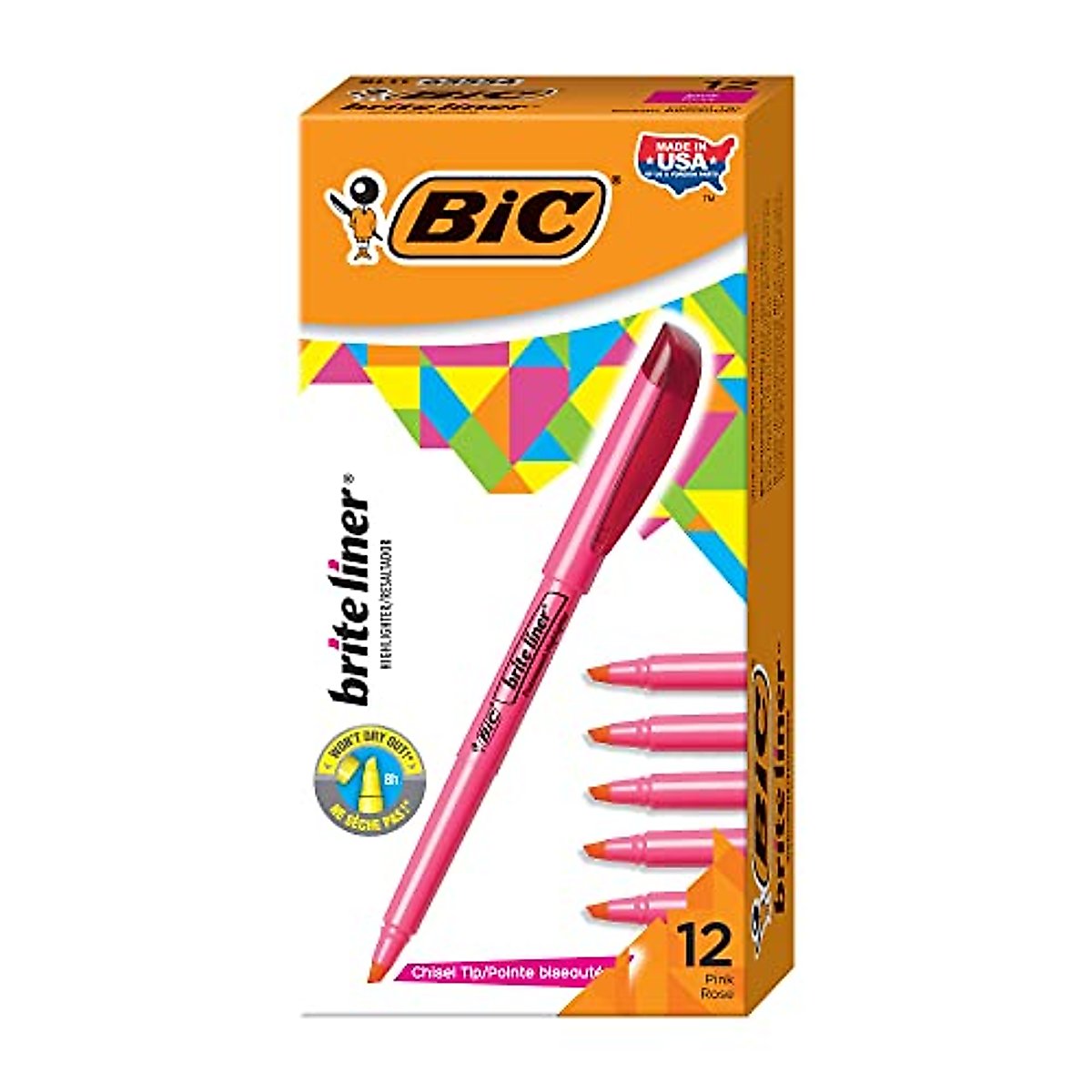 BIC Brite Liner Highlighter, Chisel Tip For Broad Highlighting & Fine Underlining, Pink, 12-Count