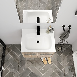 KFHSE 24 Inch Modern Set,Wall Mounted Bathroom Vanity Sink Combo with Top Basin & Soft Closing Door,Storage Wood Hanging Bath Cabinet for Small Space,White Oak