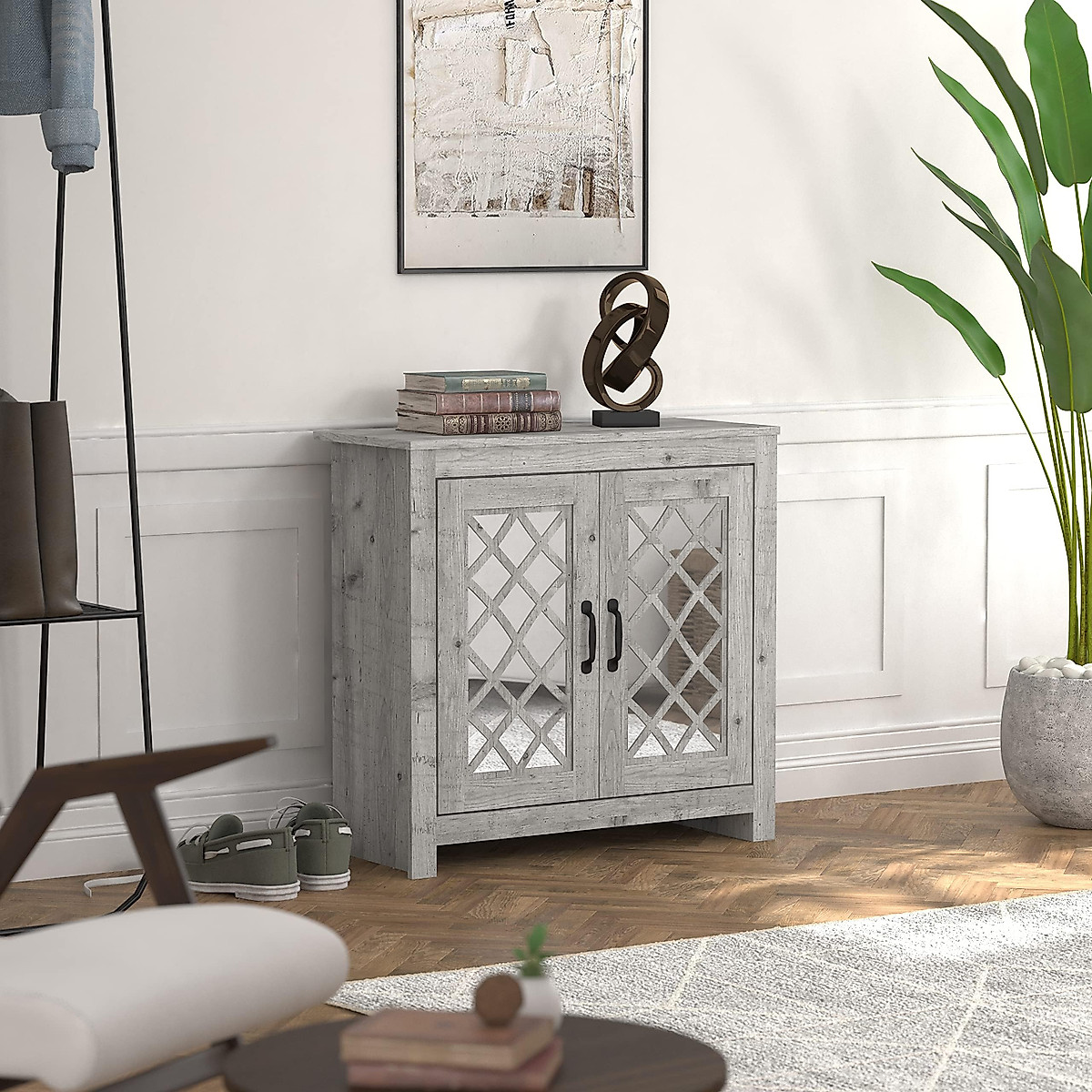 Galano Millicent 12 Pair Shoe Storage with Adjustable Shelf, Freestanding Organizer with Acrylic Mirror Doors for Entryway, Small Narrow Shoe Rack Cabinet, 13.4" D x 30.9" W x 30.2" H, Mexican Grey