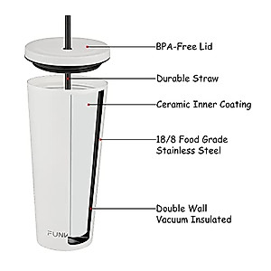 Funkrin Insulated Coffee Mug Tumbler with Lid and Straw, 18oz Ceramic Lined Coating Travel Mug, Reusable Stainless Steel Water Bottle Thermos Cup for Gifts Office School Party Camping