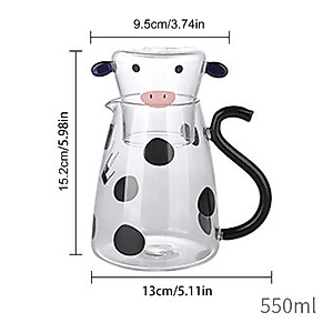 Cow Glass Water Pitcher With Glass Cup, Cute Cow Glass Carafe Set With Glass Mug Cow Glass Tea Pitcher Kettle Milk Jug Water Carafe For Midnight Drink (550ml)