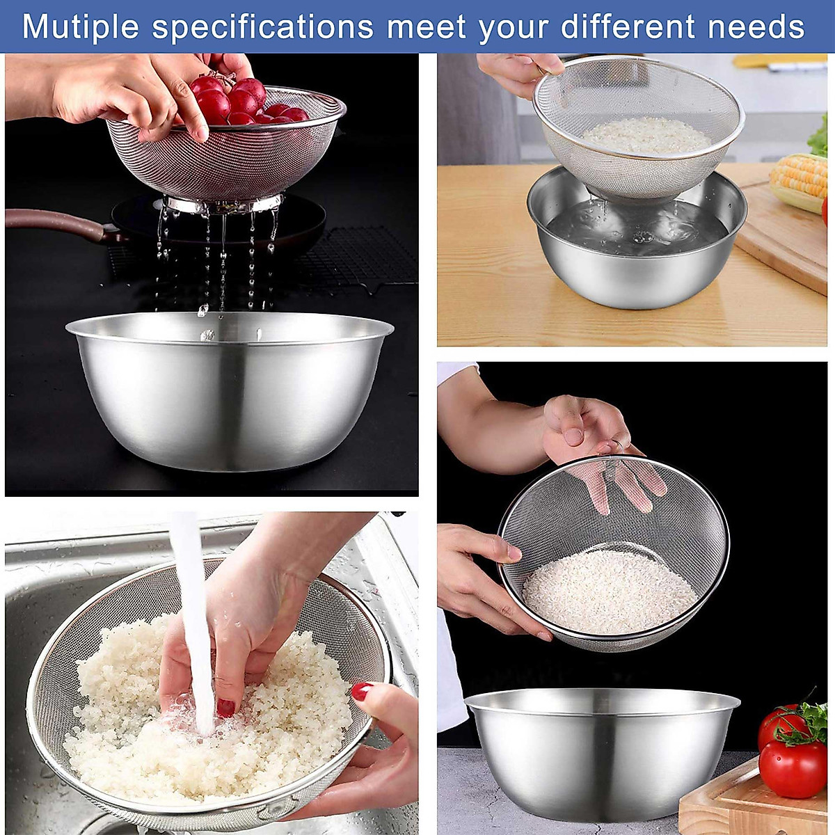 6 pcs Stainless Steel Colander Set with 1.2Qt 2Qt and 3Qt Capacity,Stainless Steel Strainer with Metal Mixing Bowls,Colander Stainless Steel for Kitchen Drain Pasta Rice Fruit Vegetable Washing,Silver