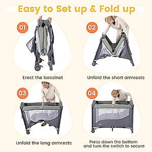 INFANS Pack and Play, Baby Bedside Sleeper with Bassinet, Diaper Changer, Mattress, Carry Bag, Music Box Hanging Toys, Foldable Bedside Crib, Portable Playard for Newborn Toddlers (5 in 1, Classic)