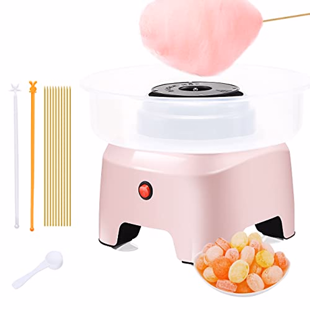 Cotton Candy Machine, Countertop Cotton Candy Maker for Kids, Pink Hard Candy Cotton Candy Maker Includes Splash-Proof Plate, Two Reusable Plastic Sticks (Color Random)